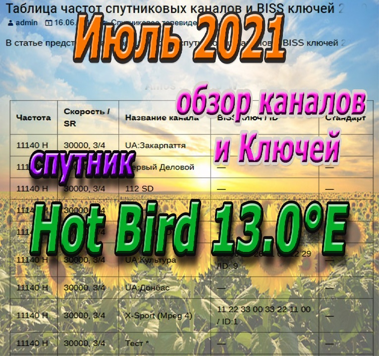 Телеканалы и BISS ключи на Июль 2021 Спутник Hot Bird 13.0°E — schip.com.ua